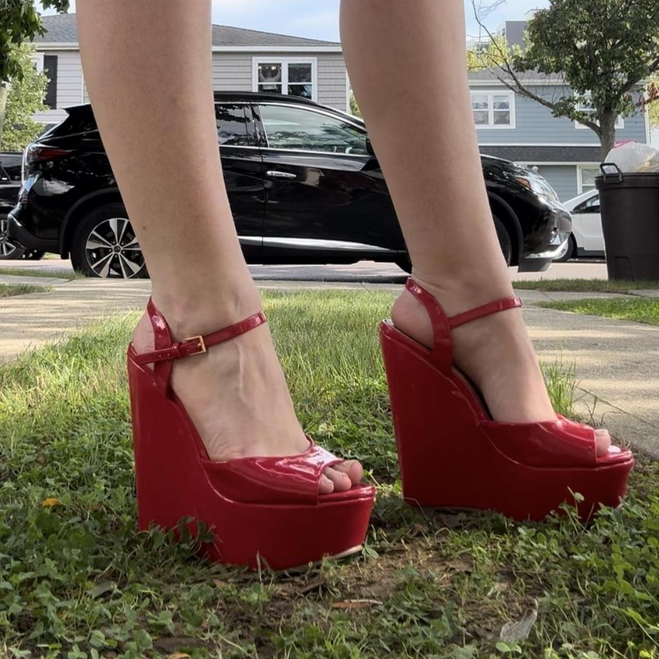 Red patent leather wedges - perfect for a night out... - Depop
