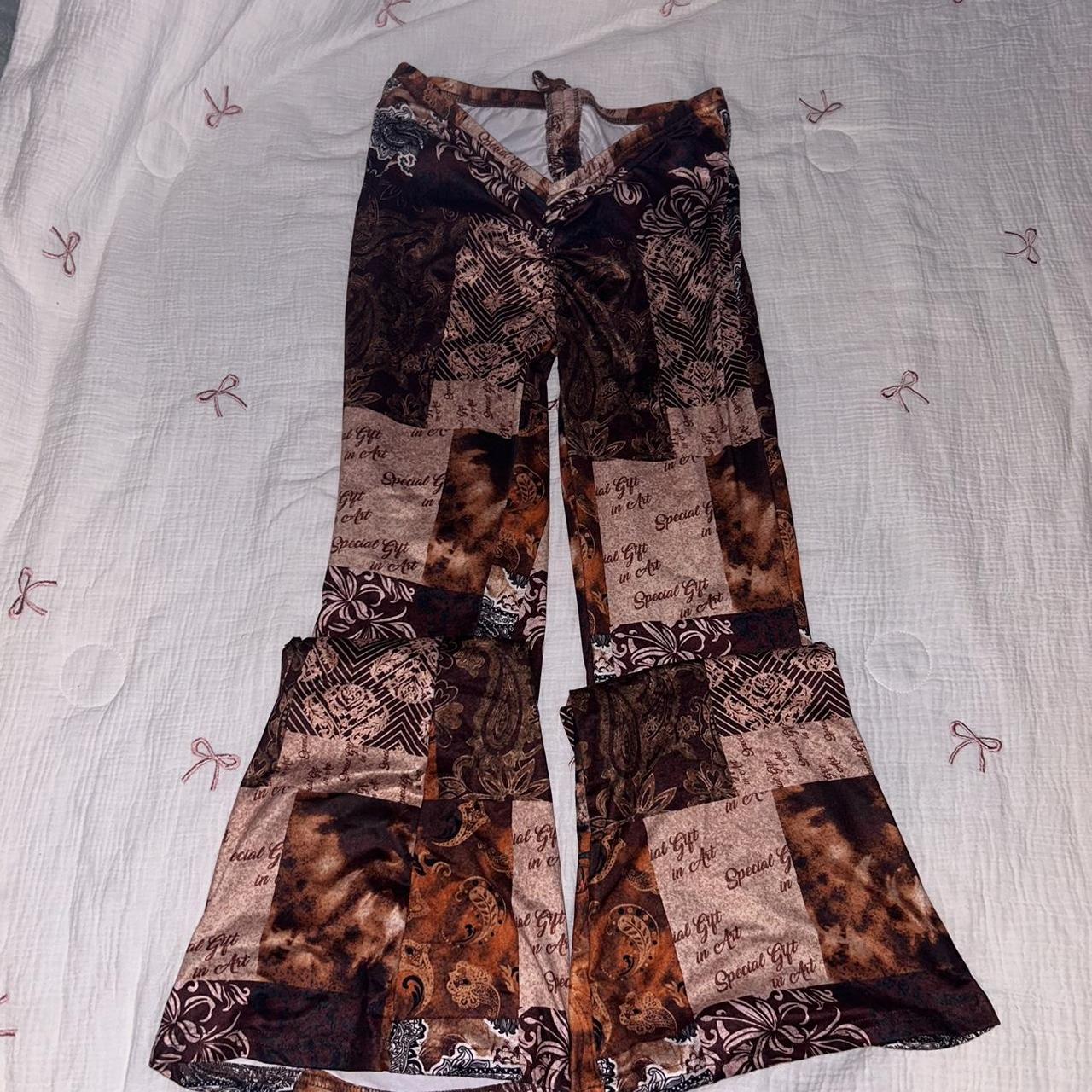 shein neutral colored multi-patterned pants size medium - Depop
