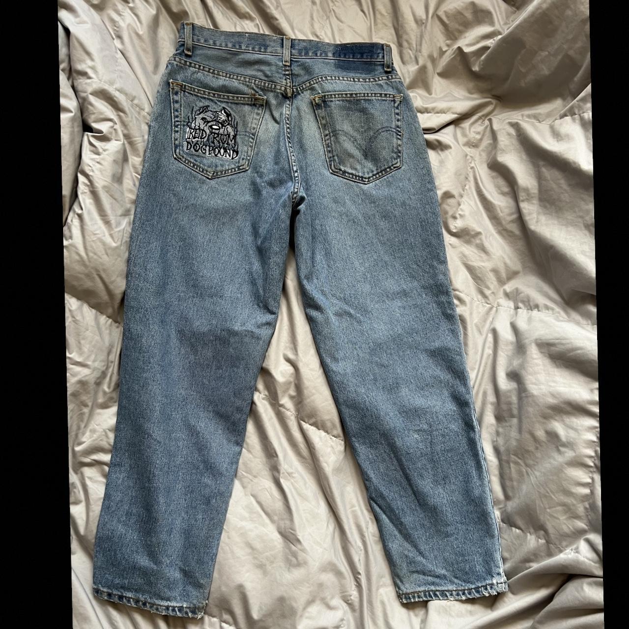 REDRUM DOGPOUND BLUE JEANS WITH BULLDOG BOUGHT IN... - Depop