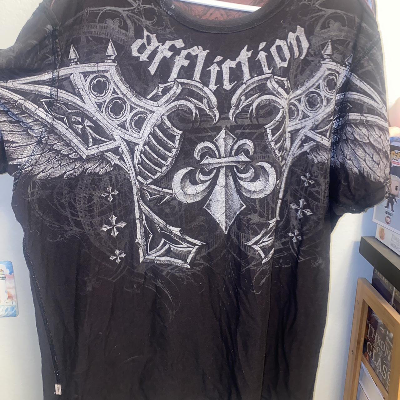 Men’s affliction graphic wings t shirt reversible... - Depop