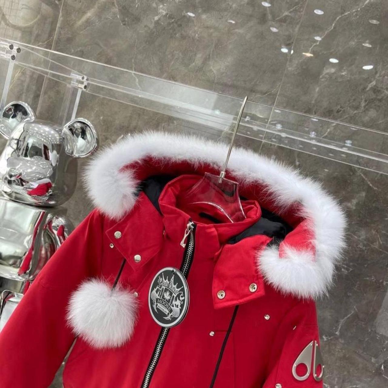 Red Moose Knuckles parka with white fur hood... - Depop