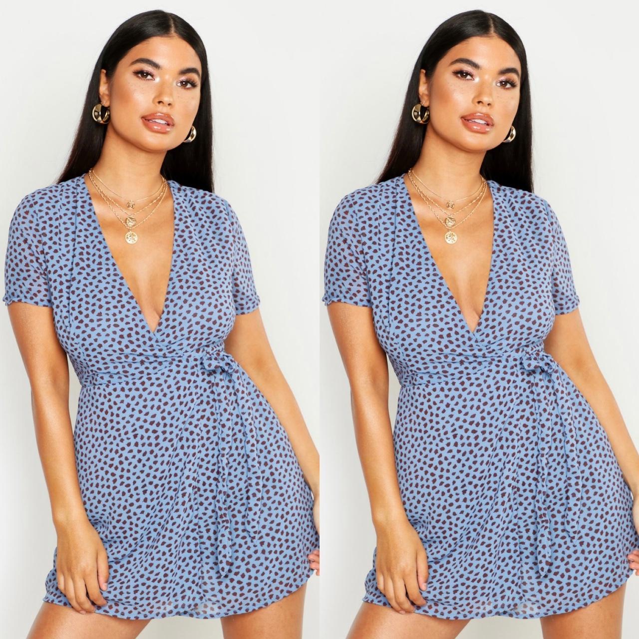 PETITE WOVEN SPOT WRAP DRESS from Boohoo. Color:... - Depop