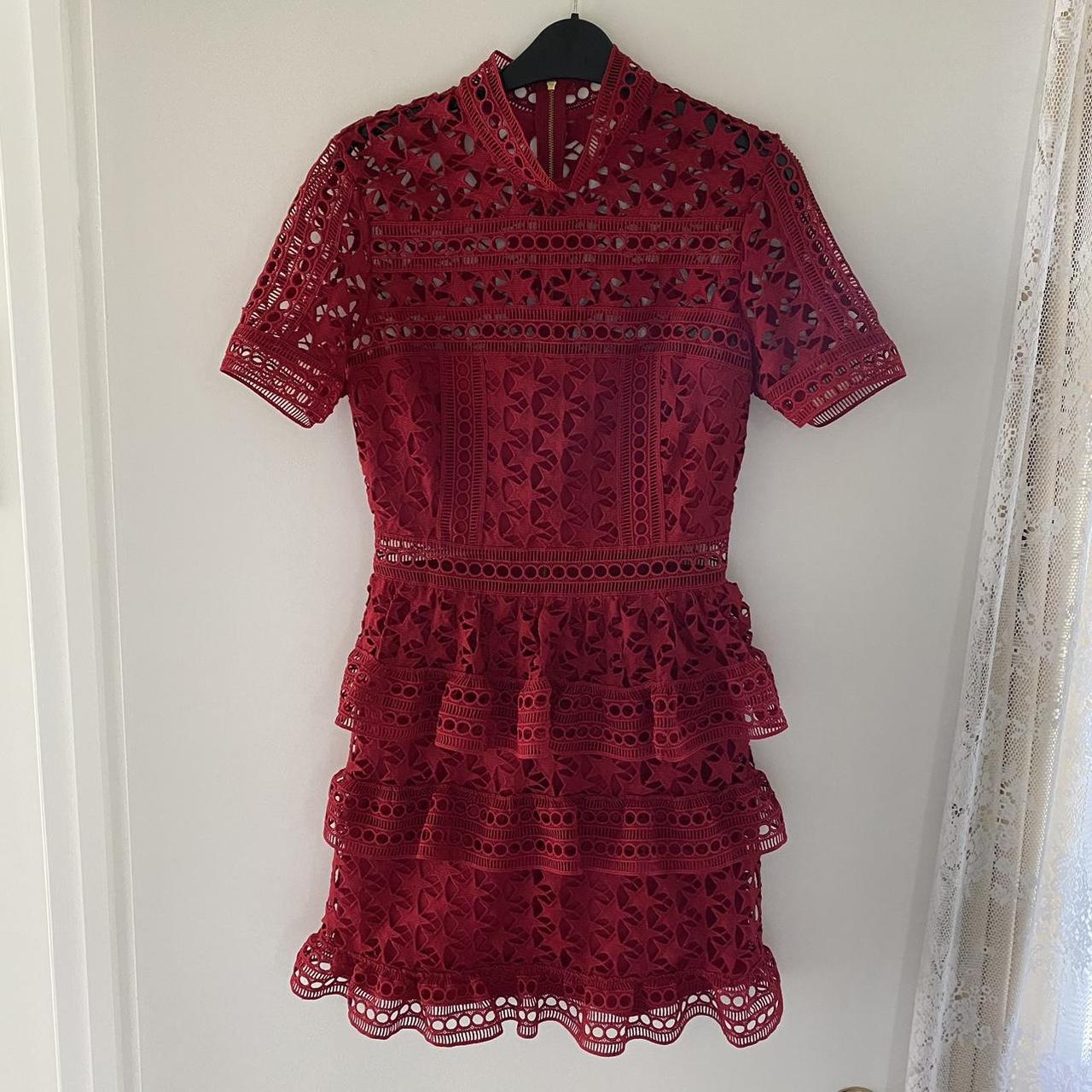 Self portrait. Red High Neck Star Lace Paneled... - Depop