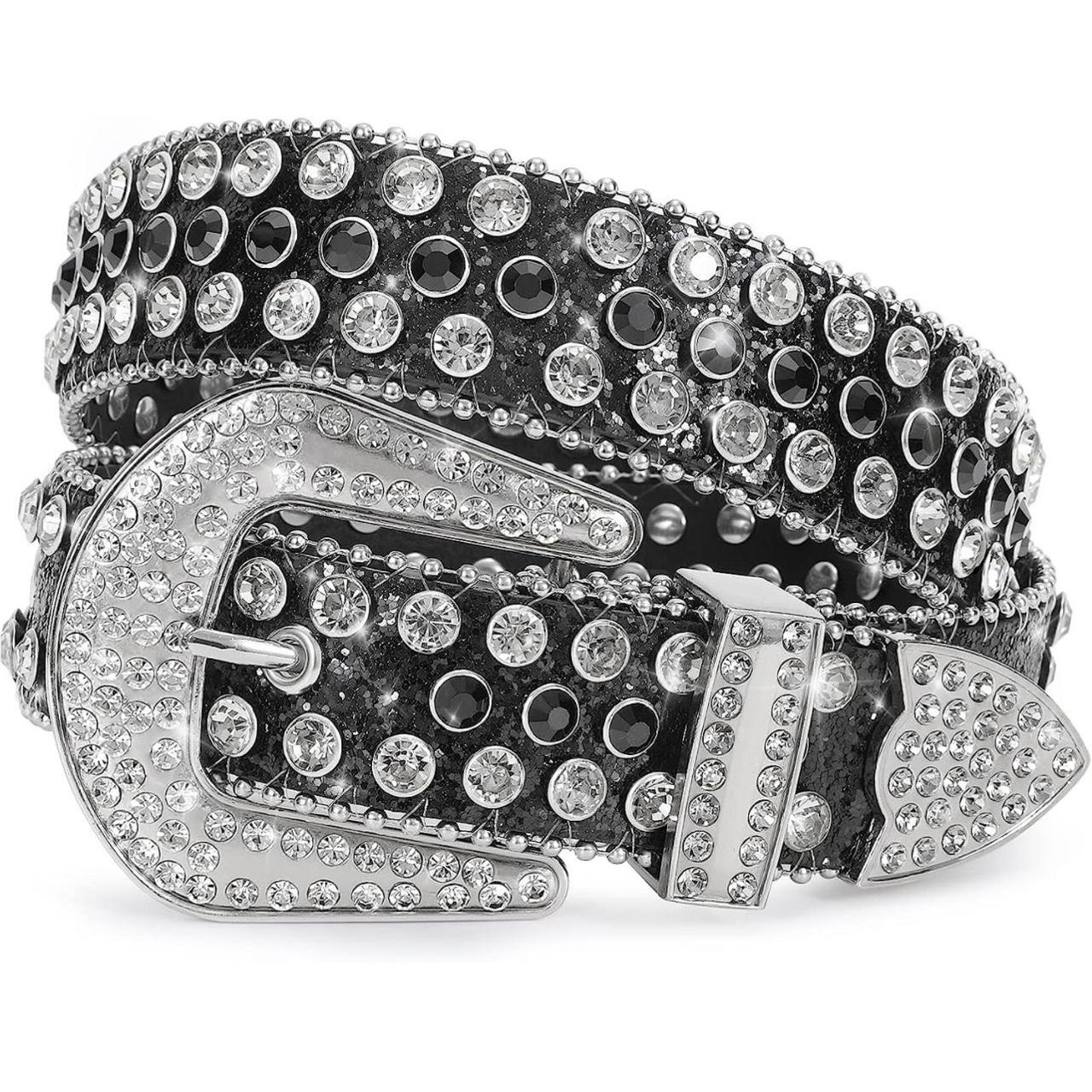 Shiny black and silver bedazzled belt. Waist: 27-30... - Depop