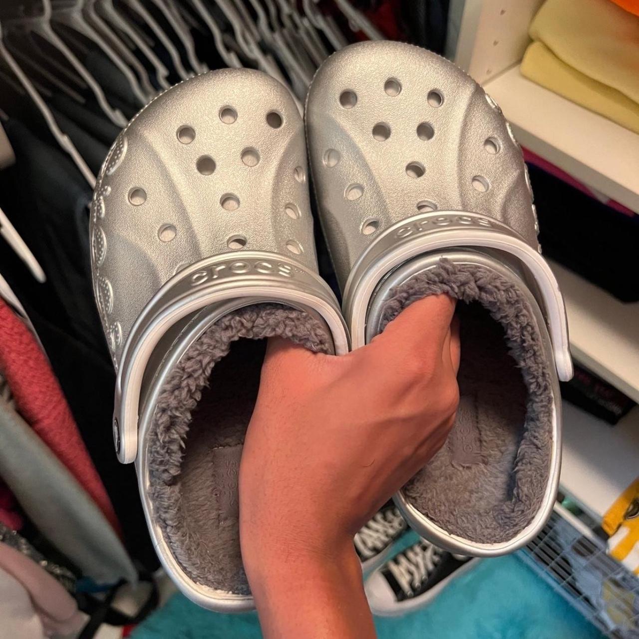 Silver Fur Lined Baya Crocs Only worn once in the... - Depop
