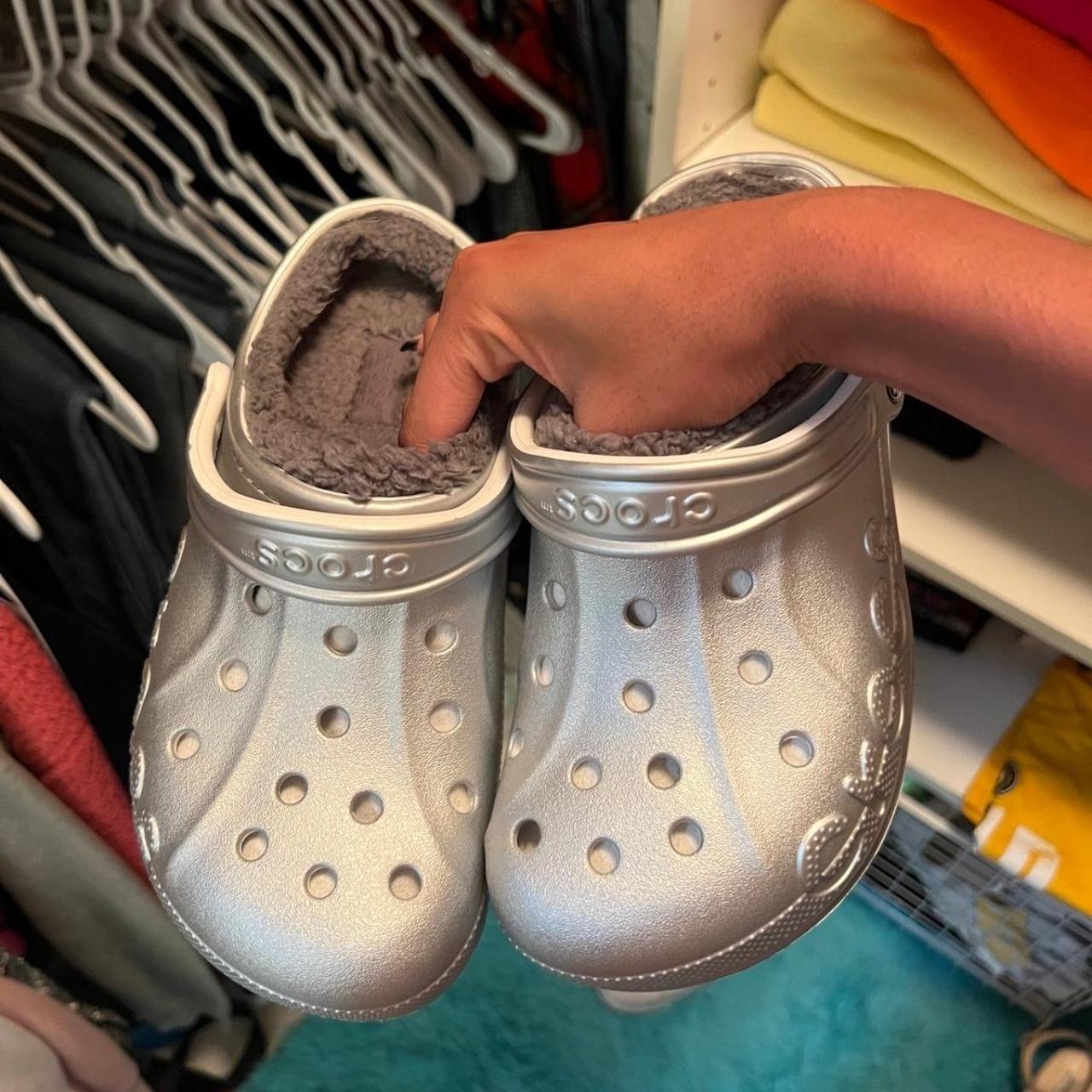 Silver Fur Lined Baya Crocs Only worn once in the... - Depop