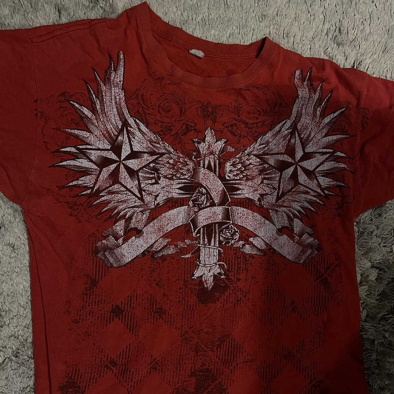 Cyber Y2k Red Cross winged Star graphic tee shirt... - Depop