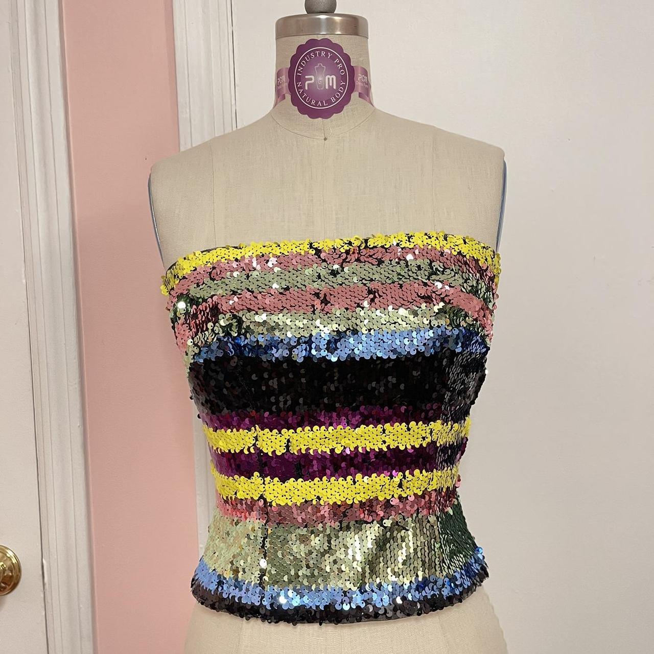 Theia Multicolored Sequin Strapless Top - striped... - Depop