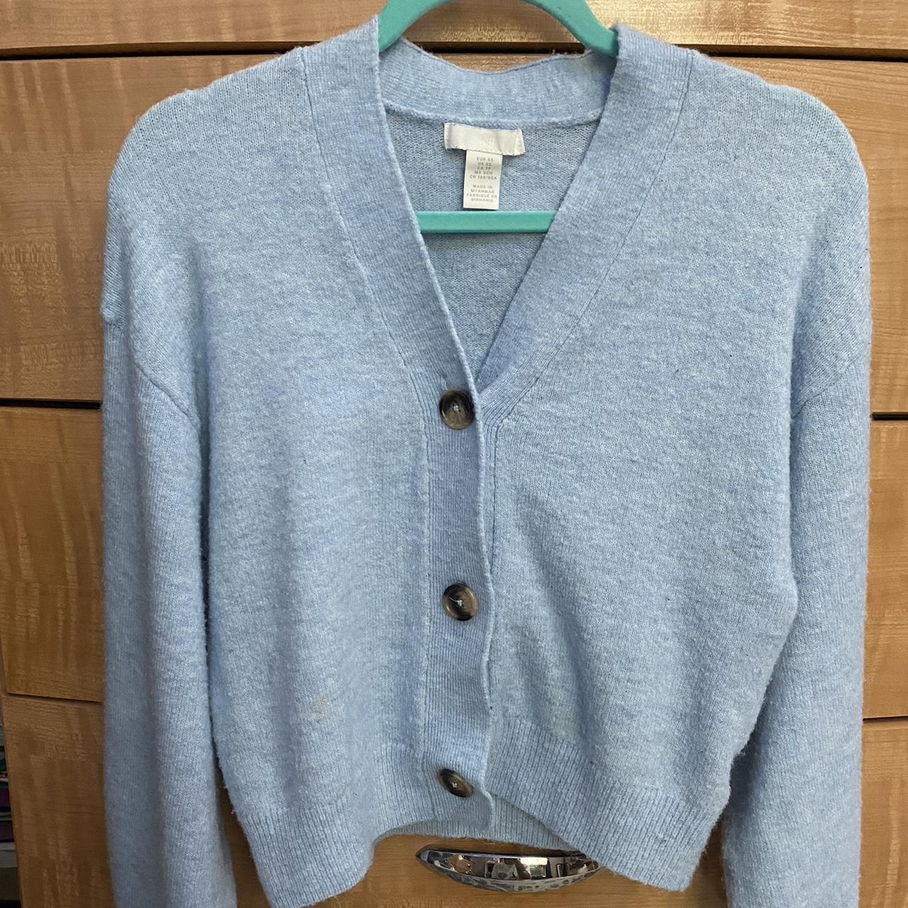 light blue button up cardigan -does have some stains... - Depop