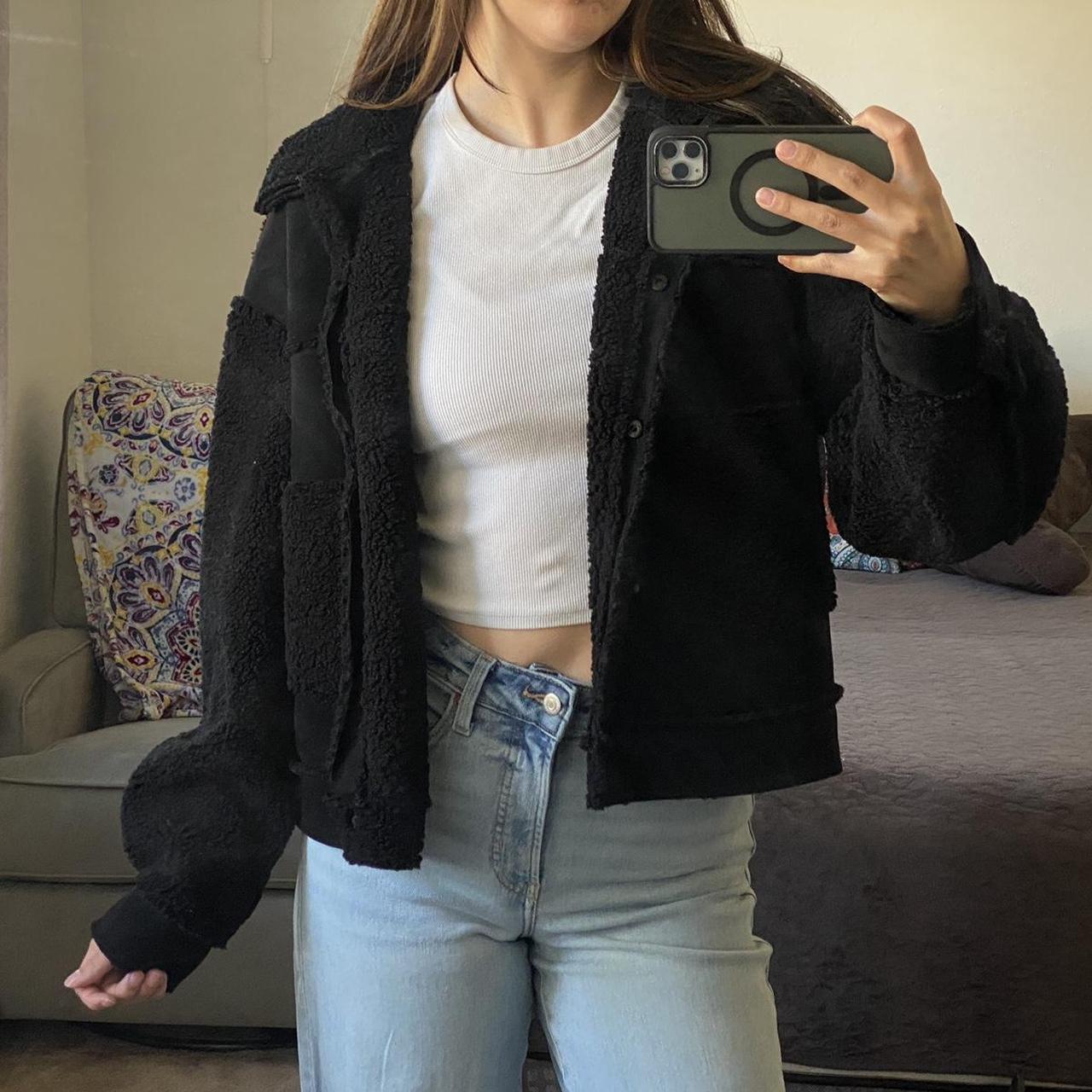 Black fuzzy jacket, great for winter! -Size Large... - Depop