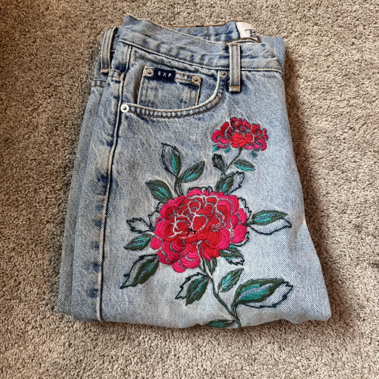 Rose embroidery wide leg jeans - Depop