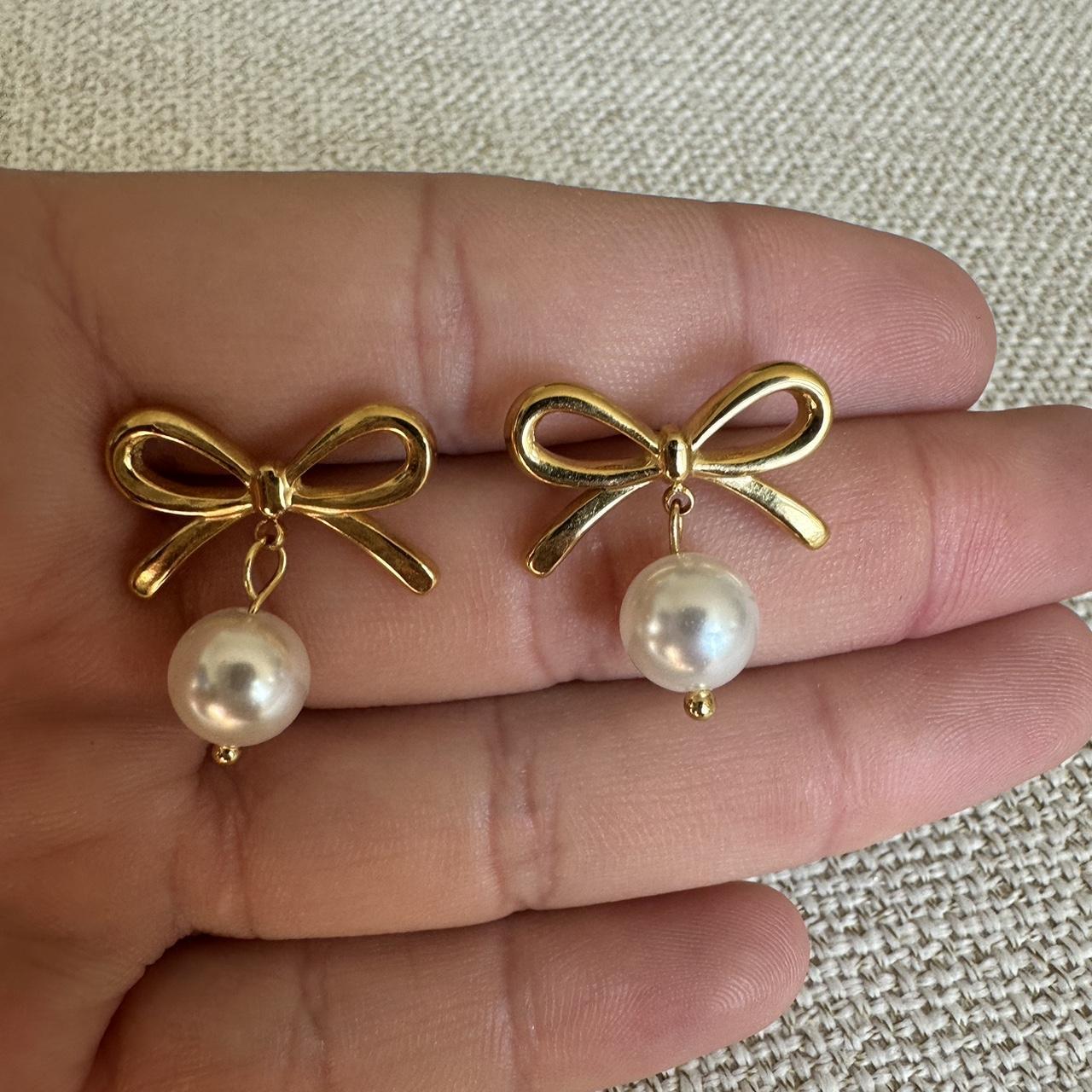 Handmade Bow Gold Earrings with fresh water pearl... - Depop