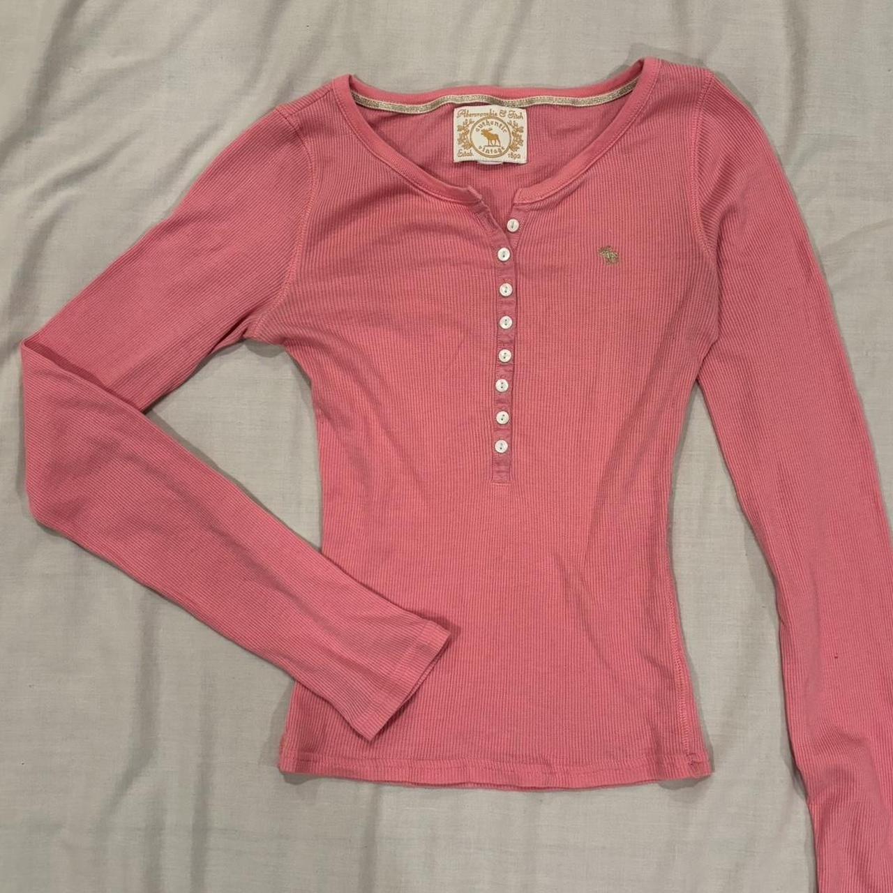 Abercrombie & Fitch Baby Pink Fitted Henley Long... - Depop