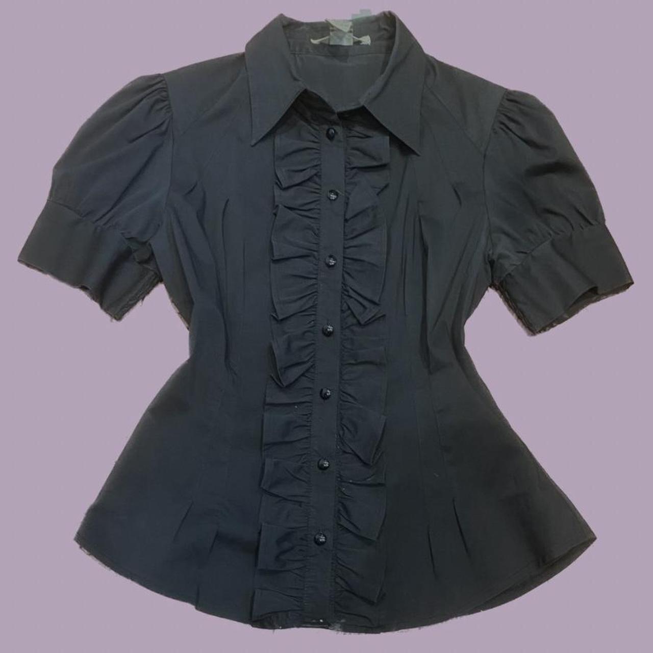 Black Ruffle Puff Sleeve Button Up Blouse -size... - Depop