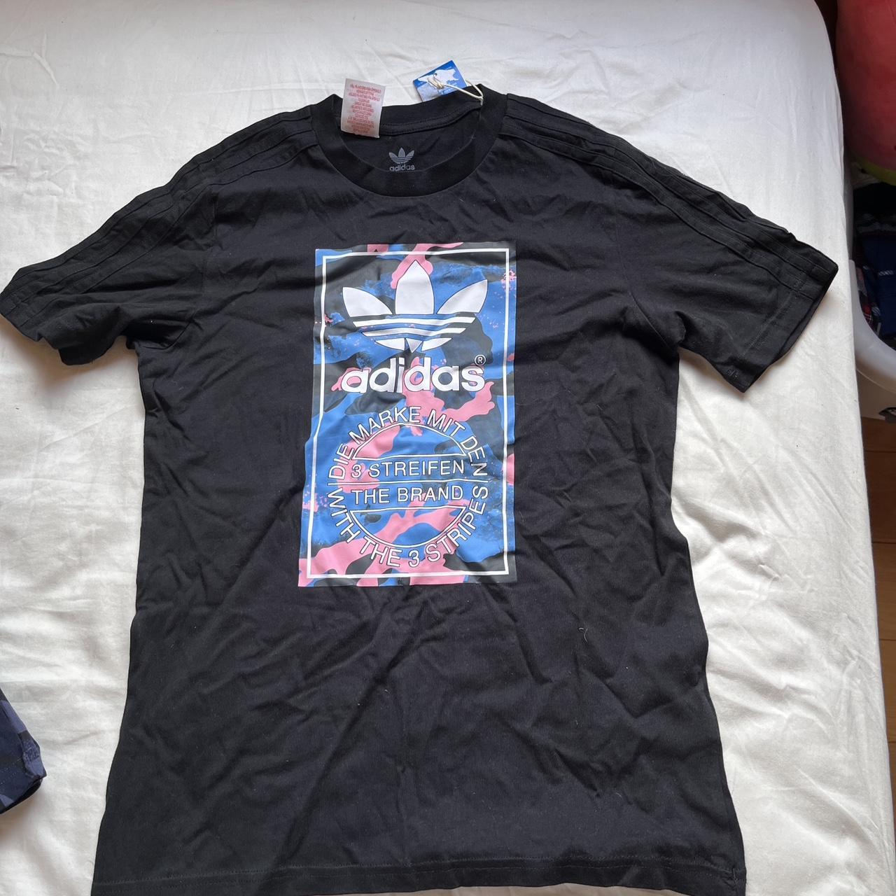 Black adidas shirt with box graphic on front blue... - Depop