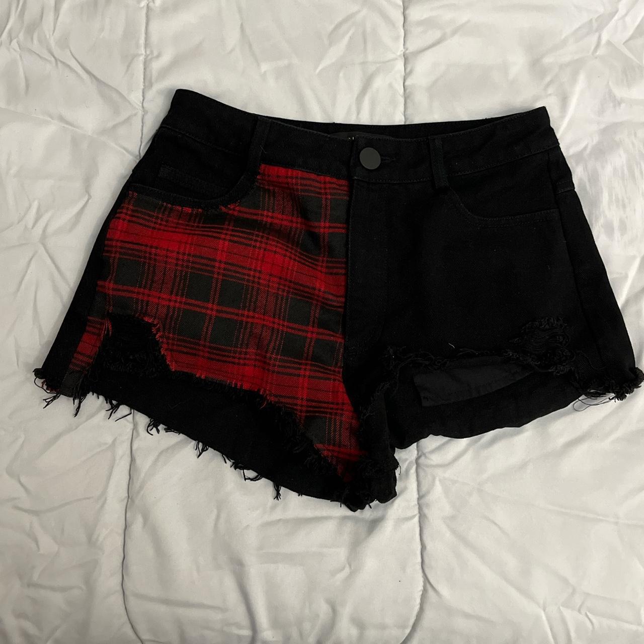 Punk Rave Split Checkered Punk Shorts Black/Red Size... - Depop