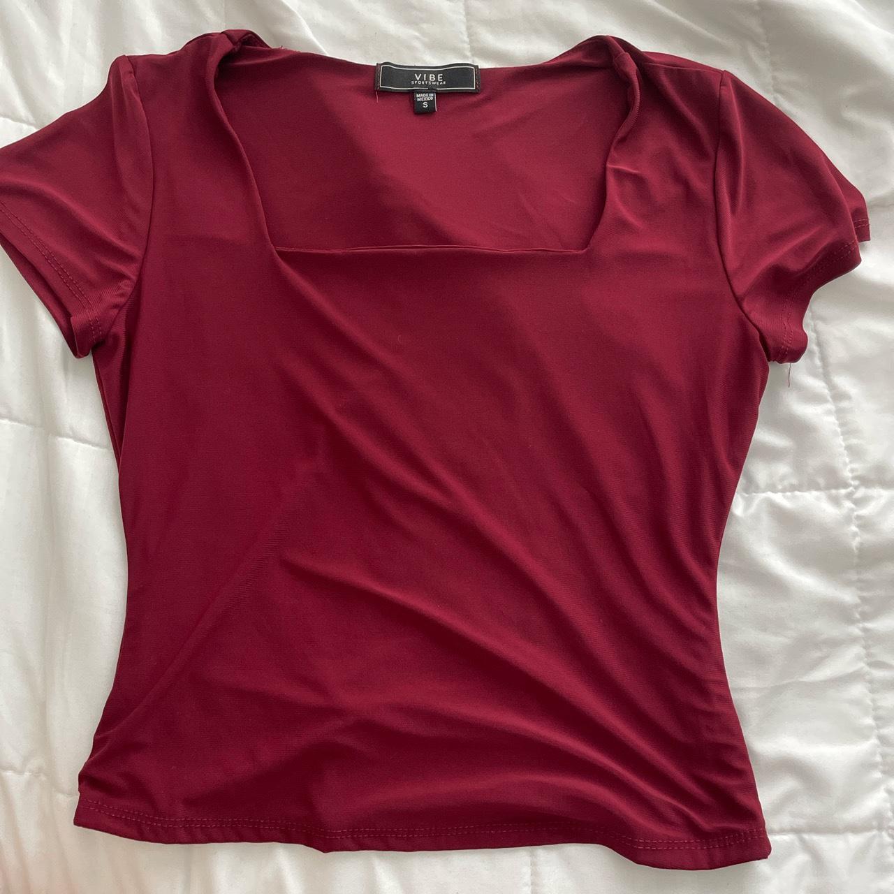 Burgundy square neck slim fit top - Depop