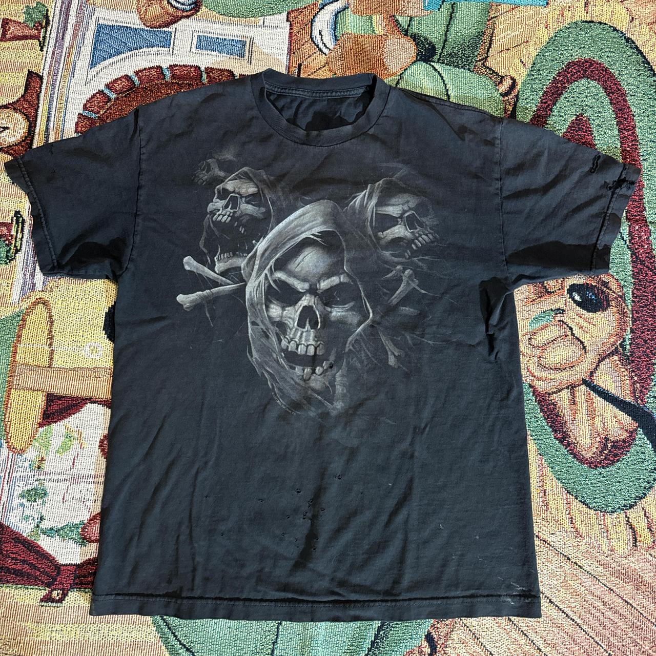 Vintage Y2k Black Grunge Thrashed Skull T-Shirt... - Depop