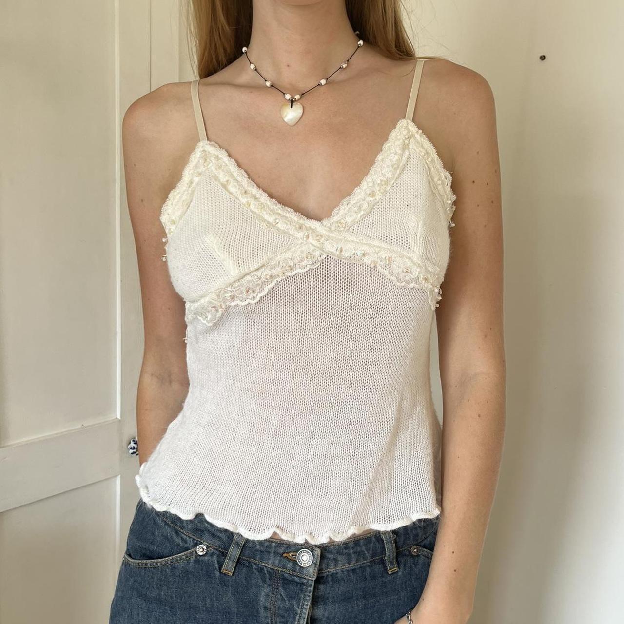 Jennyfer White Knit Cami Top With Sequinlace Depop