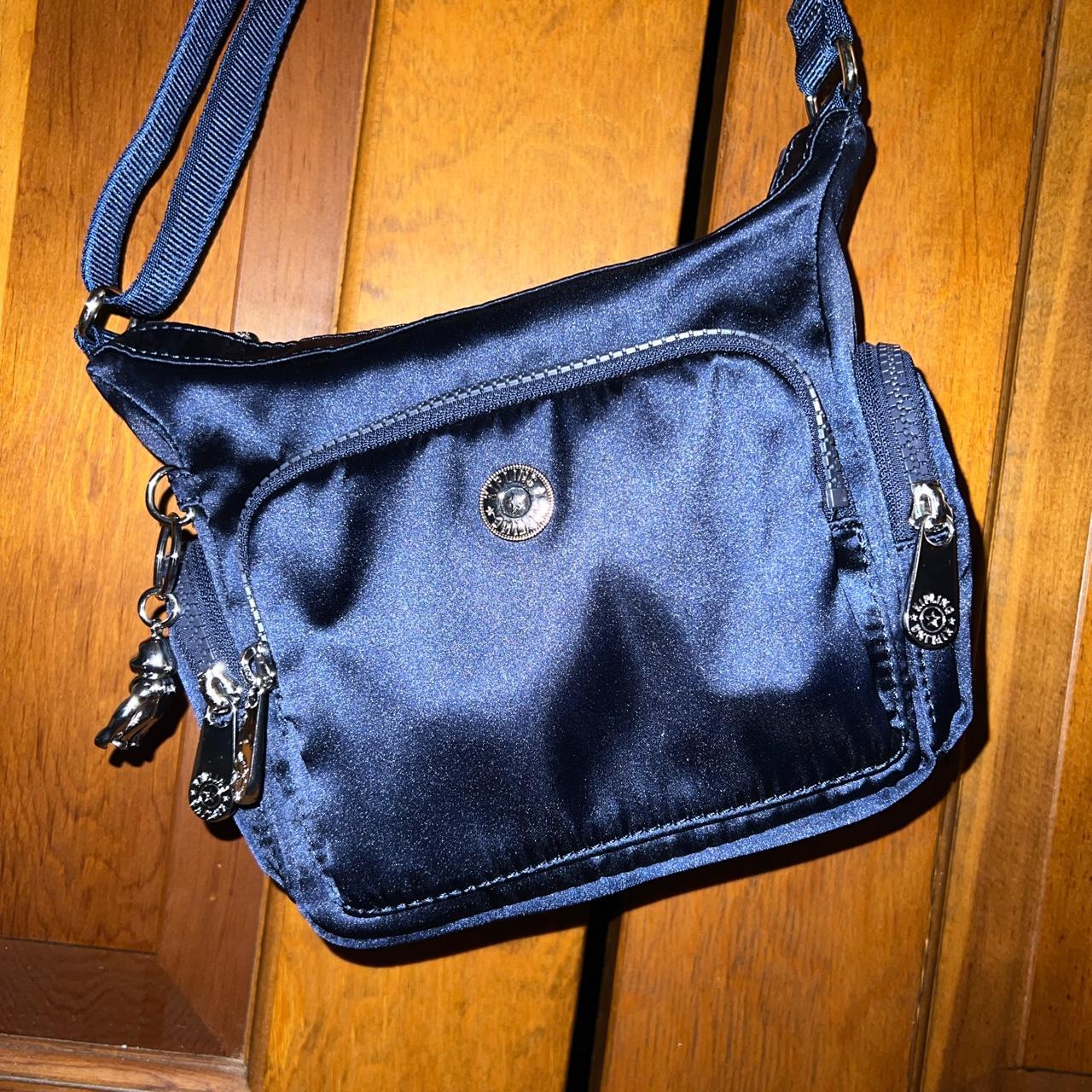 Kipling crossbody bag. Satin style fabric. Navy blue... - Depop