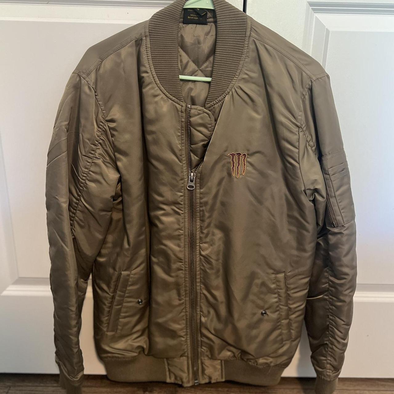 Monster Energy khaki and green bomber jacket Java... - Depop
