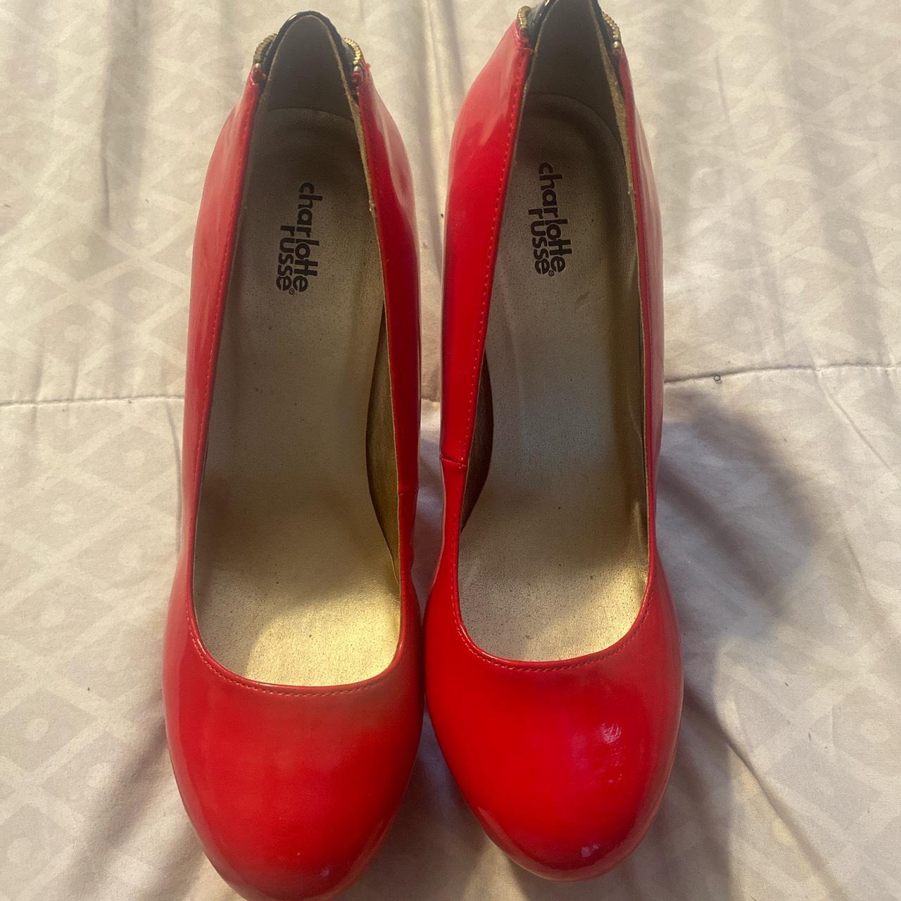 red charlotte russe heels with black and gold accents - Depop