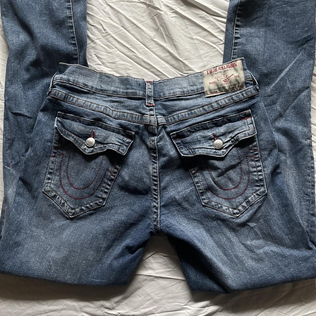 relaxed straight true religions with red stiching... - Depop