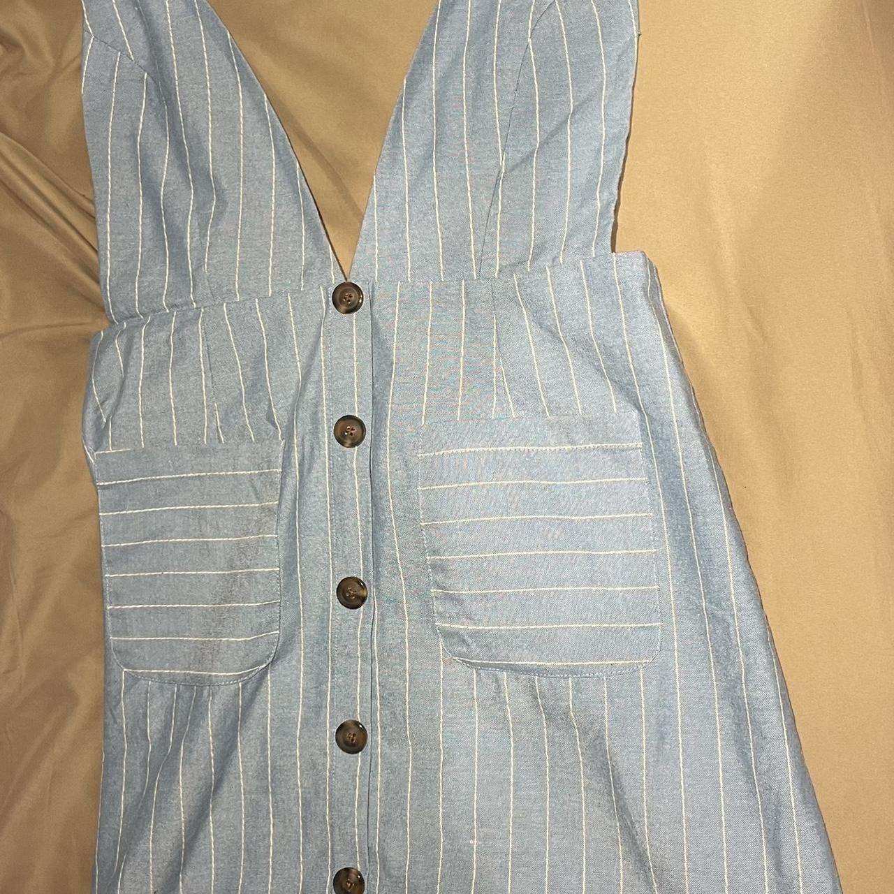 Blue pinafore dress with white pinstripes This dress... - Depop
