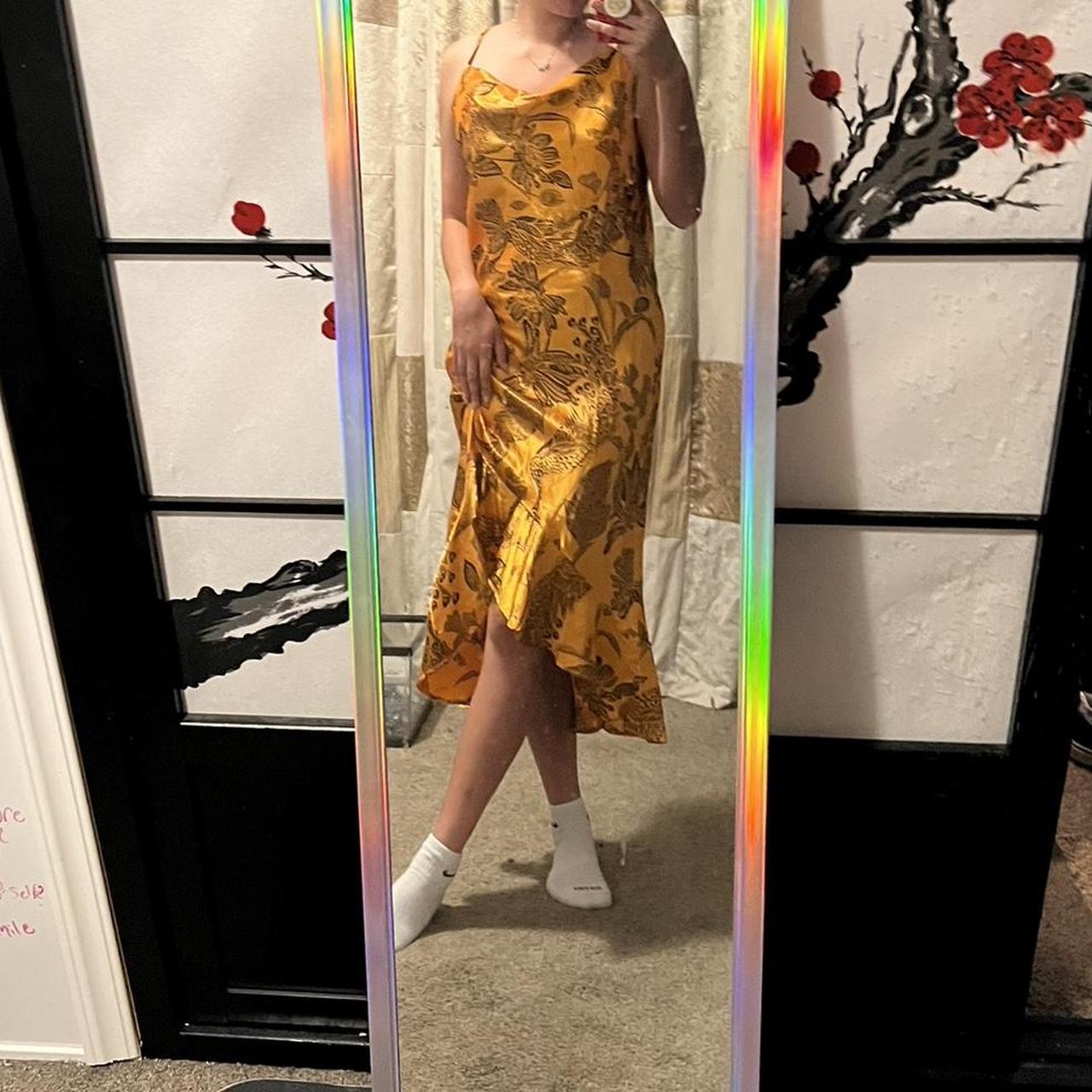 Gold satin flowy dress! Super cute and unique... - Depop