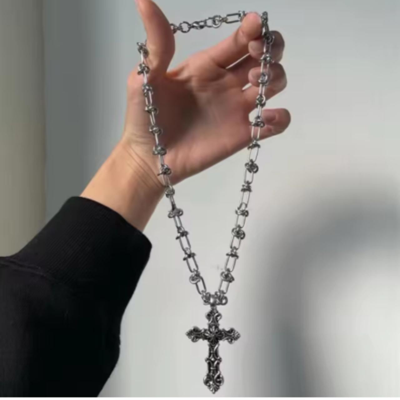 Grunge y2k silver cross long necklace chain. Unisex.... | Depop