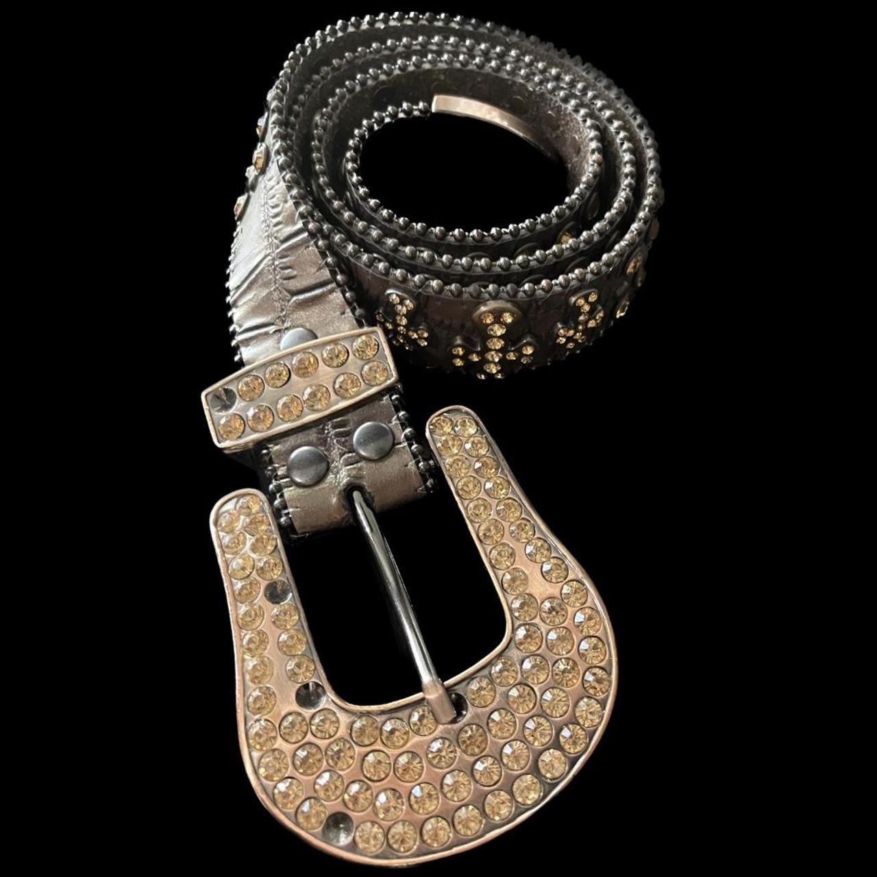 BEAUTIFUL Y2K GRUNGE REAL LEATHER RHINESTONE BELT‼️🕷️🦇... - Depop