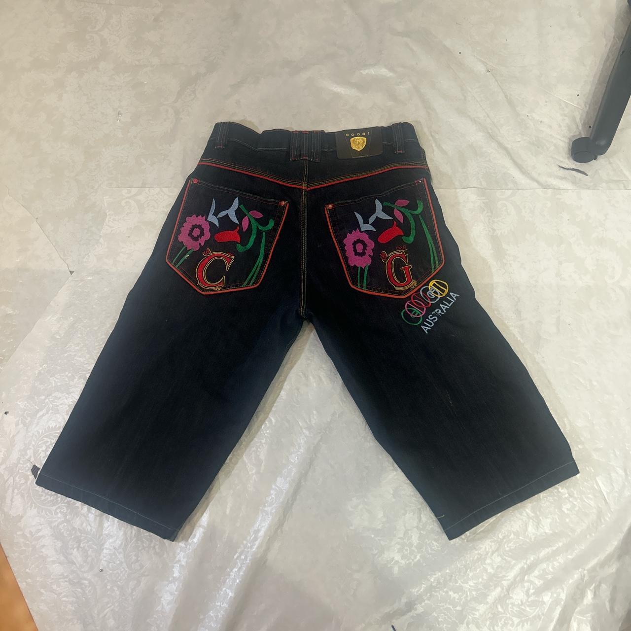 navy blue multi colored coogi jorts jean shorts... - Depop