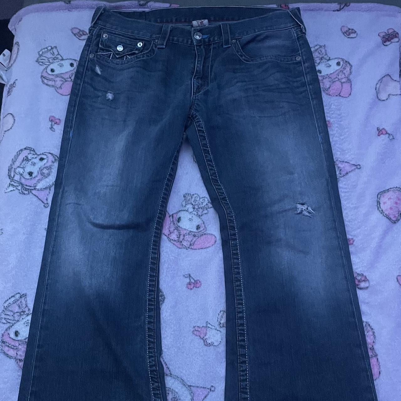 BOOTCUT TRUEYS WITH RED WHITE AND BLE STITCHING... - Depop