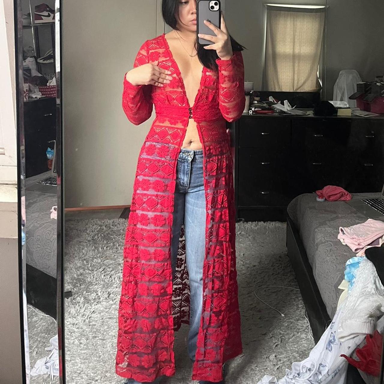 2000’s Red maxi sheer cardigan - Depop