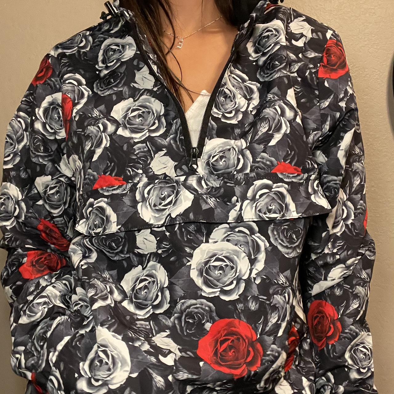 Black. white, and red rose patterned pullover... | Depop