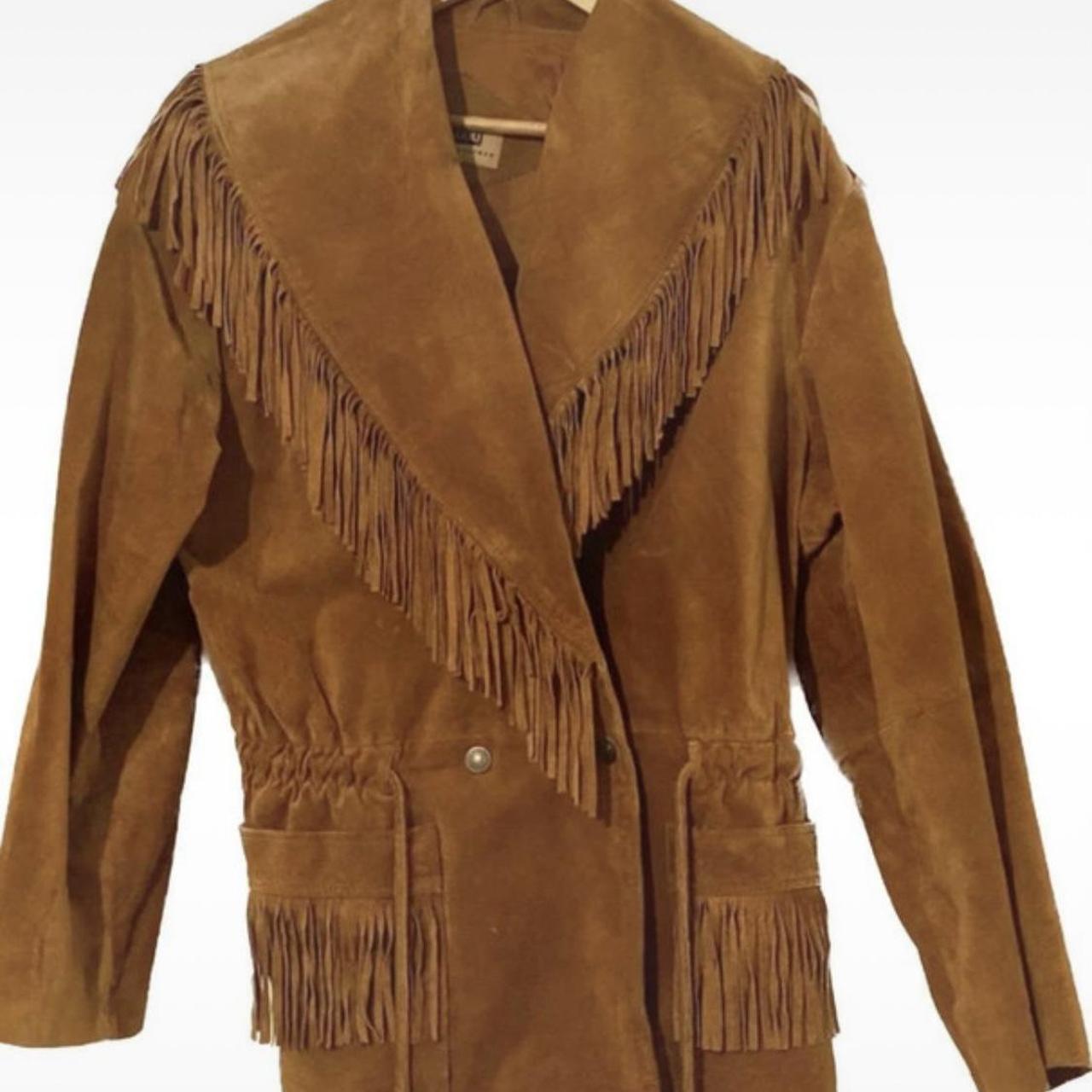 G4000 western tan suede fringe jacket 100% leather... - Depop