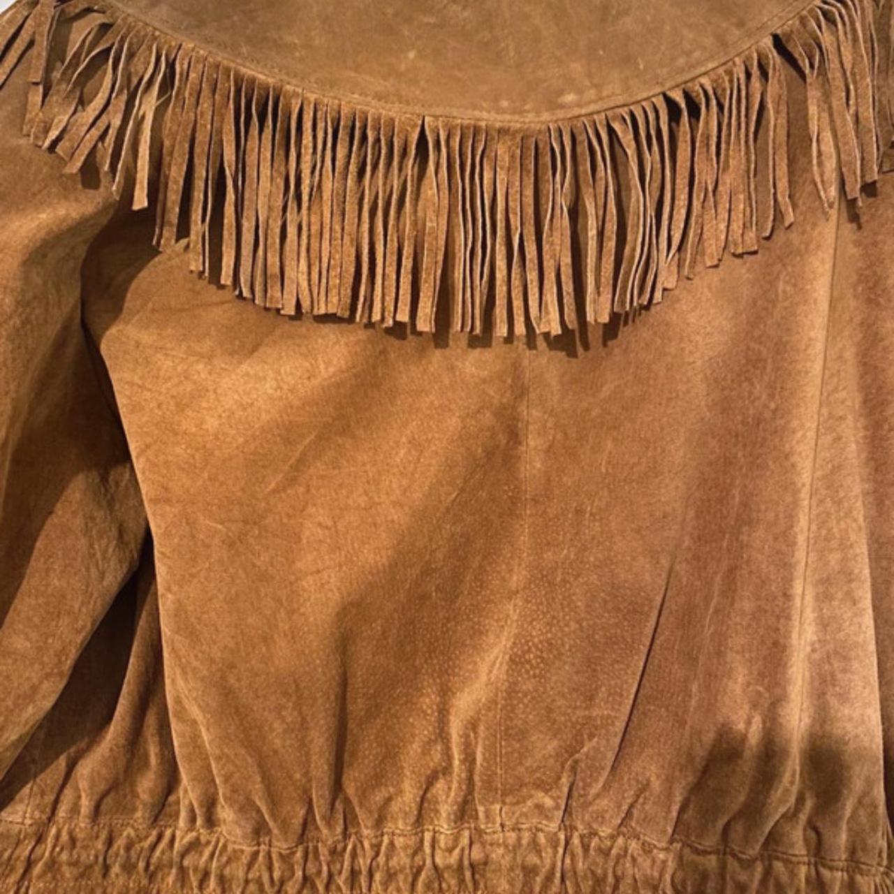 G4000 western tan suede fringe jacket 100% leather... - Depop