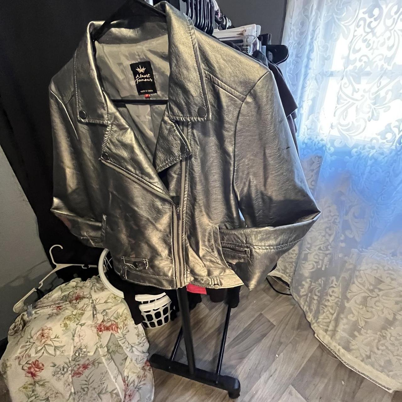 Metallic silver Almost Famous leather moto jacket... - Depop