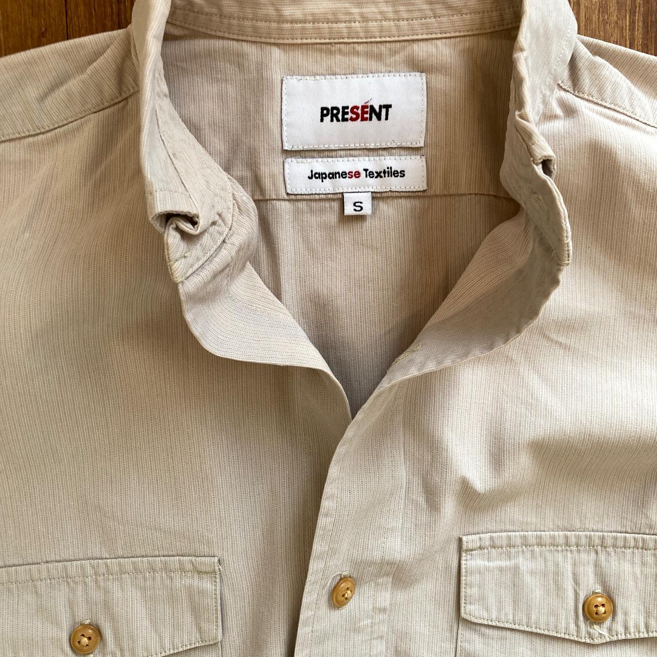 Classic Japanese Tan work shirt with wooden like... - Depop