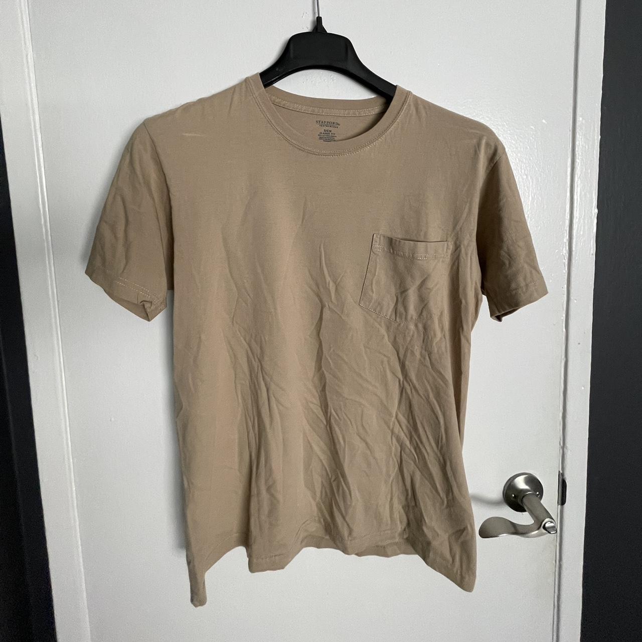 men’s S tan basic tee w shirt pocket. minimal usage. - Depop