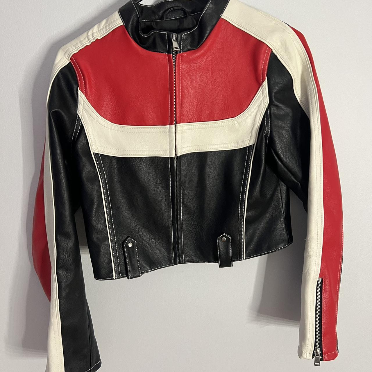 red white and black leather biker jacket from urban.... - Depop