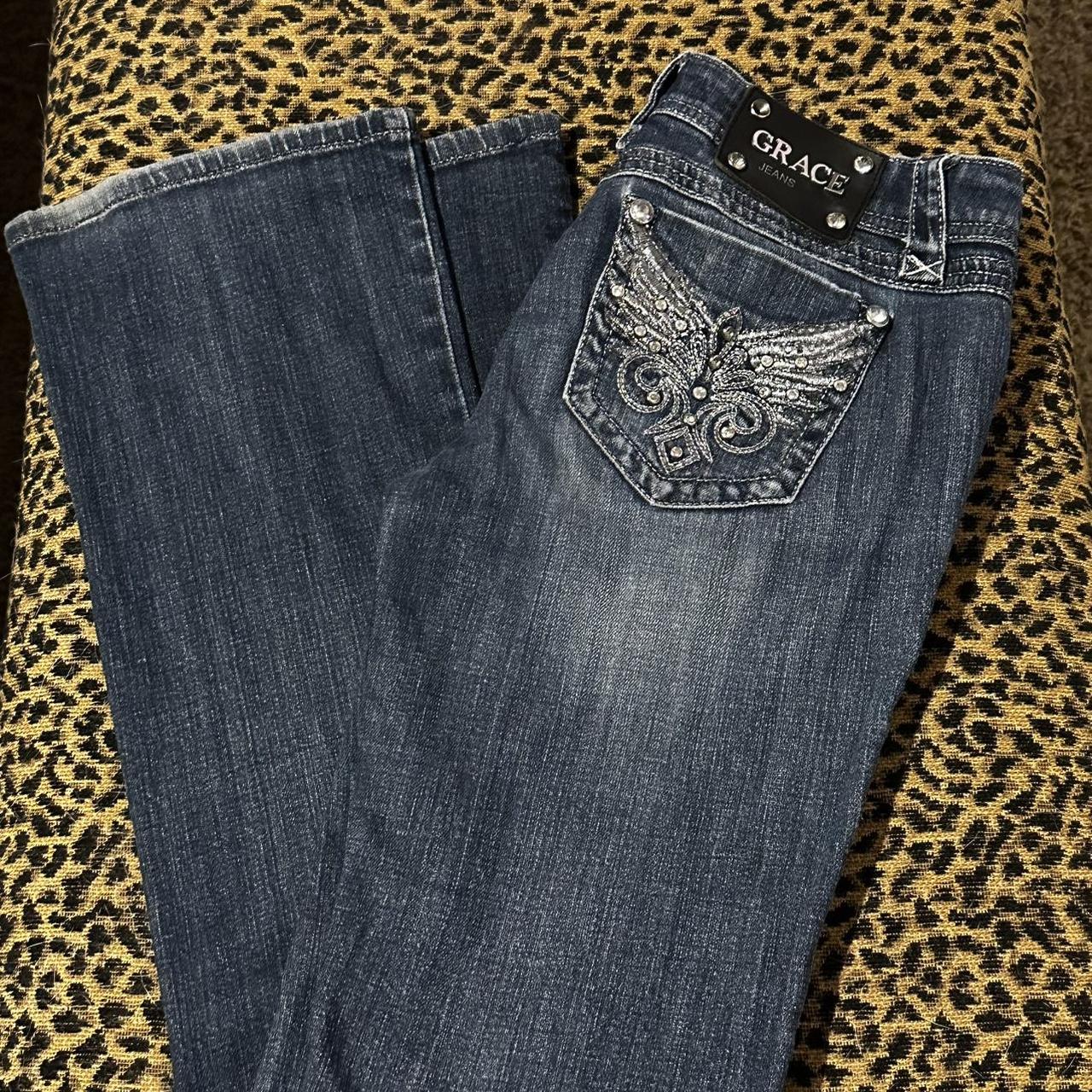 dark wash low rise jeans with rhinestone... | Depop