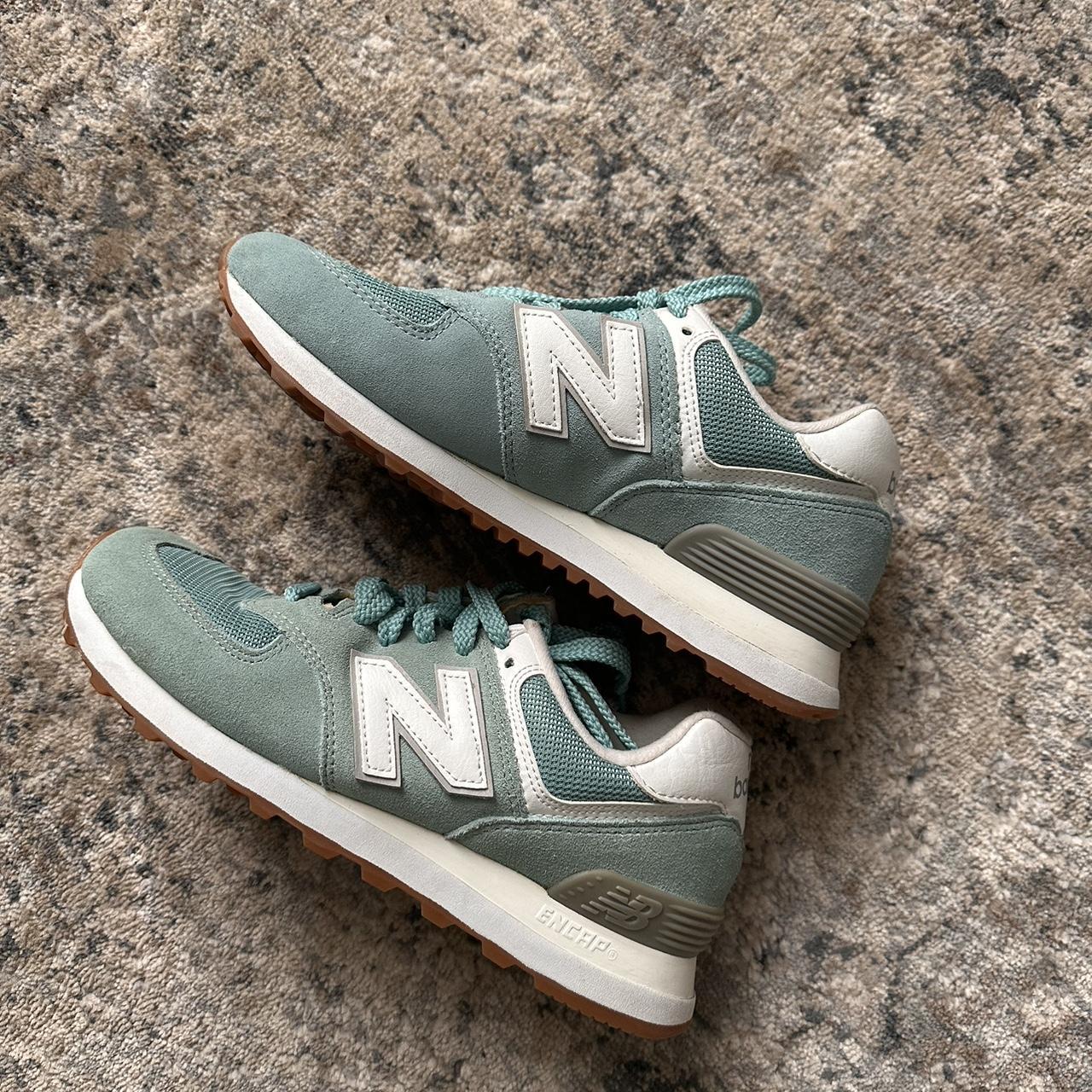 New Balance Women's Green and White Trainers | Depop