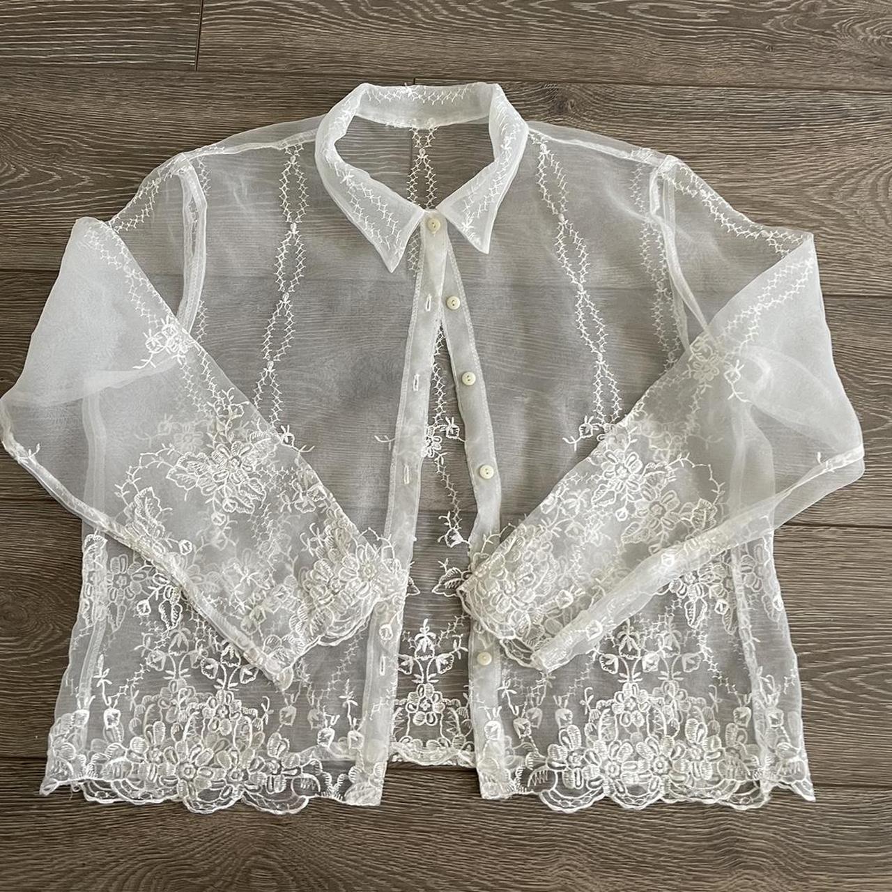 Sheer White Lace Embroidered Button Up - Depop