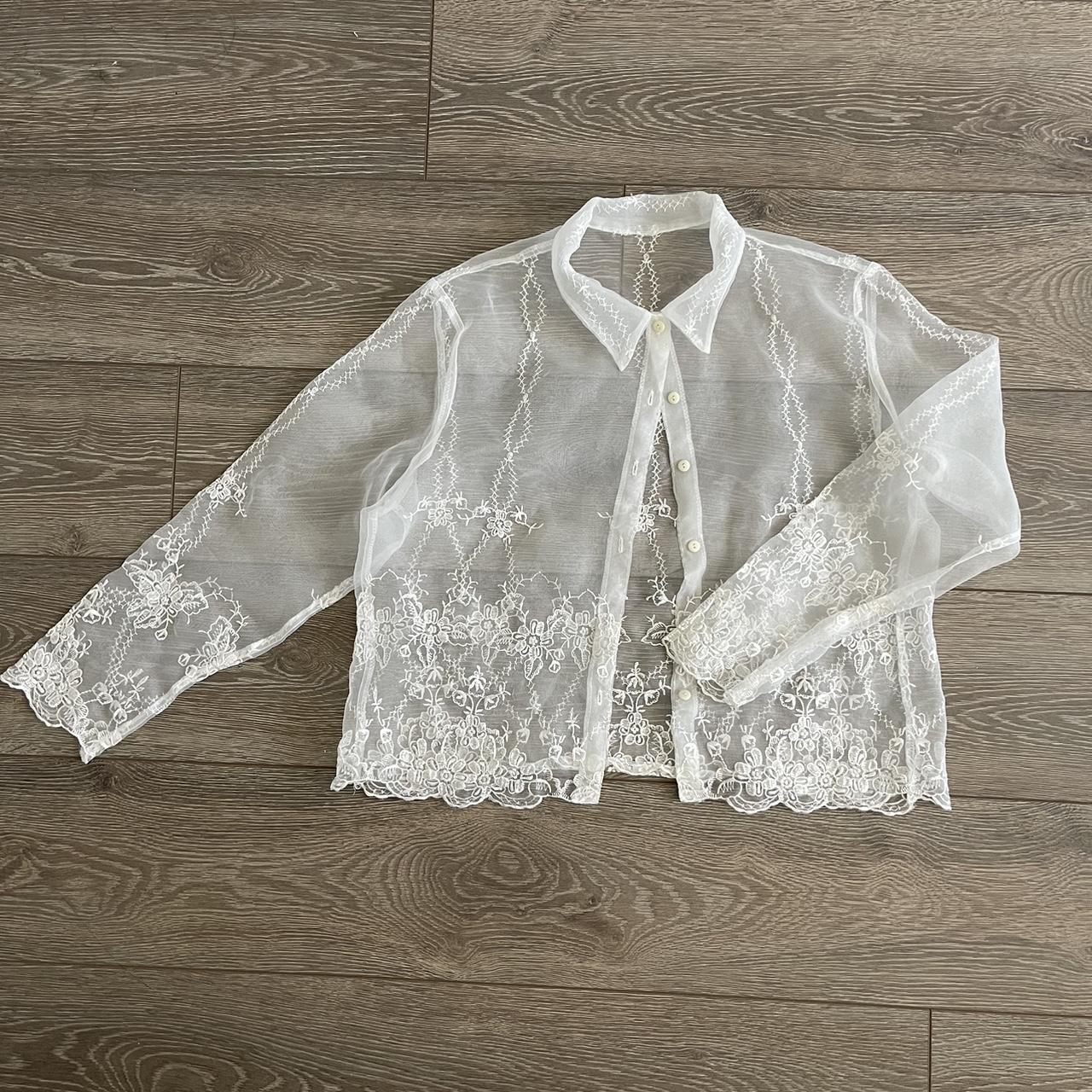 Sheer White Lace Embroidered Button Up - Depop