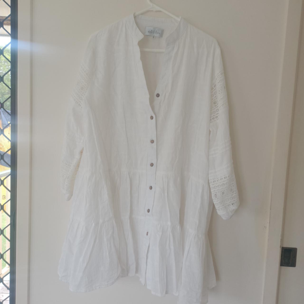 White cotton/linen mini dress - Depop