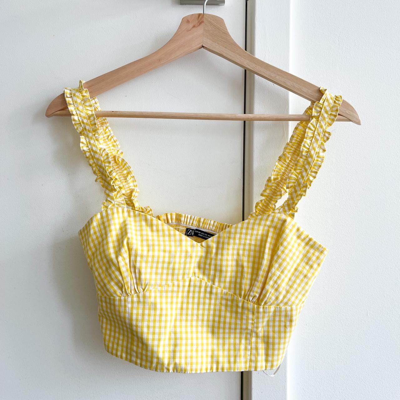 Zara Women Yellow White Gingham Bustier Crop Top... - Depop