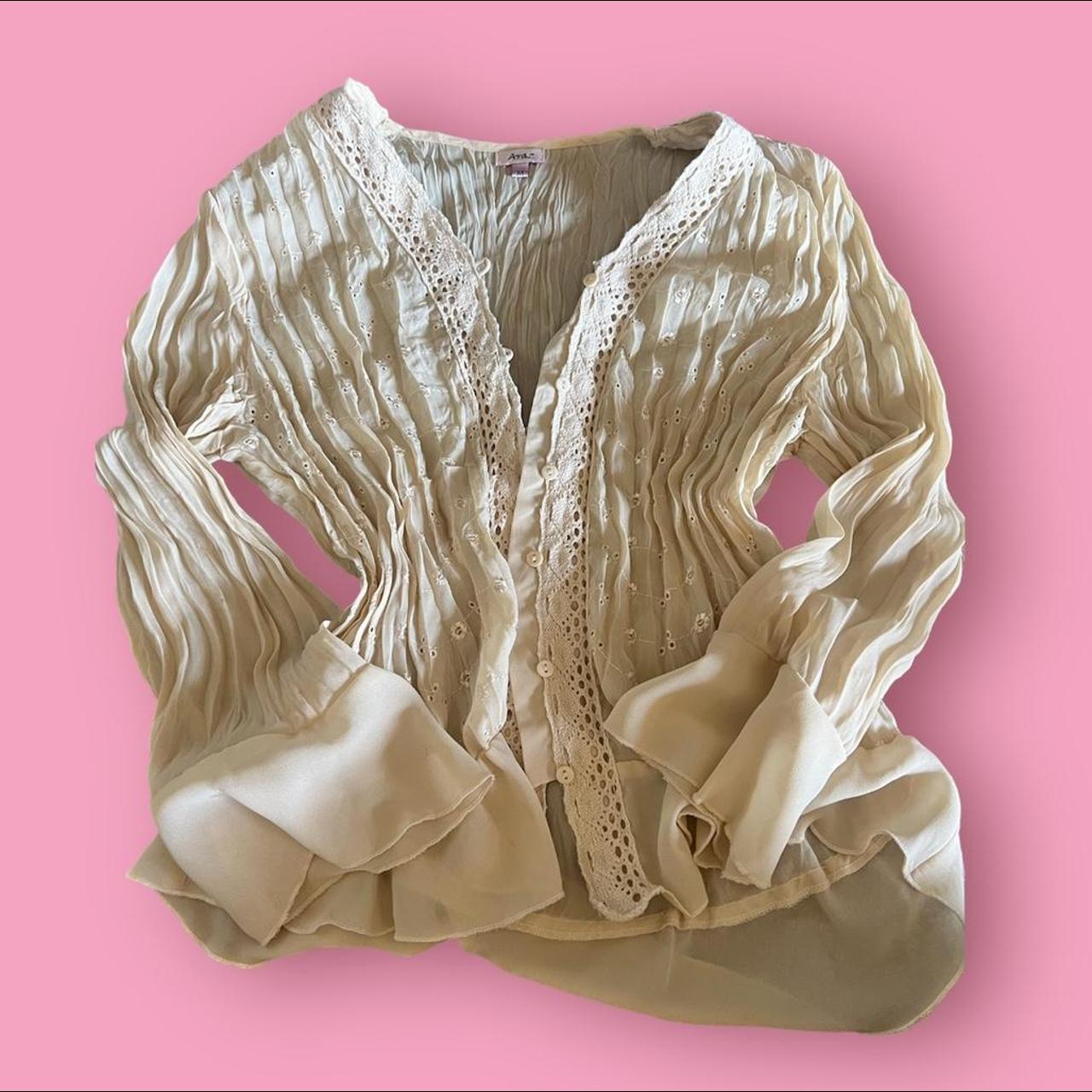 adorable button up cream blouse with ruffles and... - Depop
