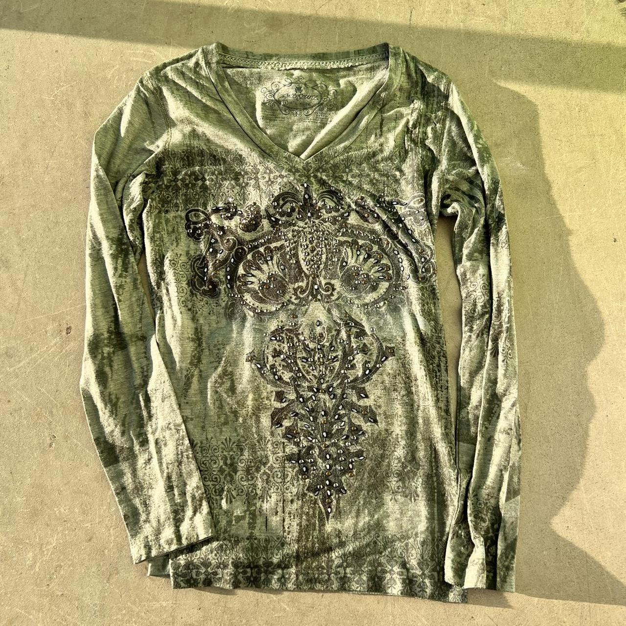 y2k rhinestone green longsleeve 💋 size small perf... - Depop
