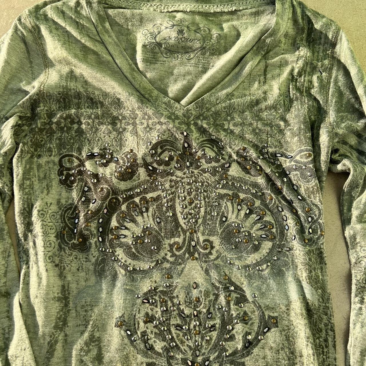 y2k rhinestone green longsleeve 💋 size small perf... - Depop